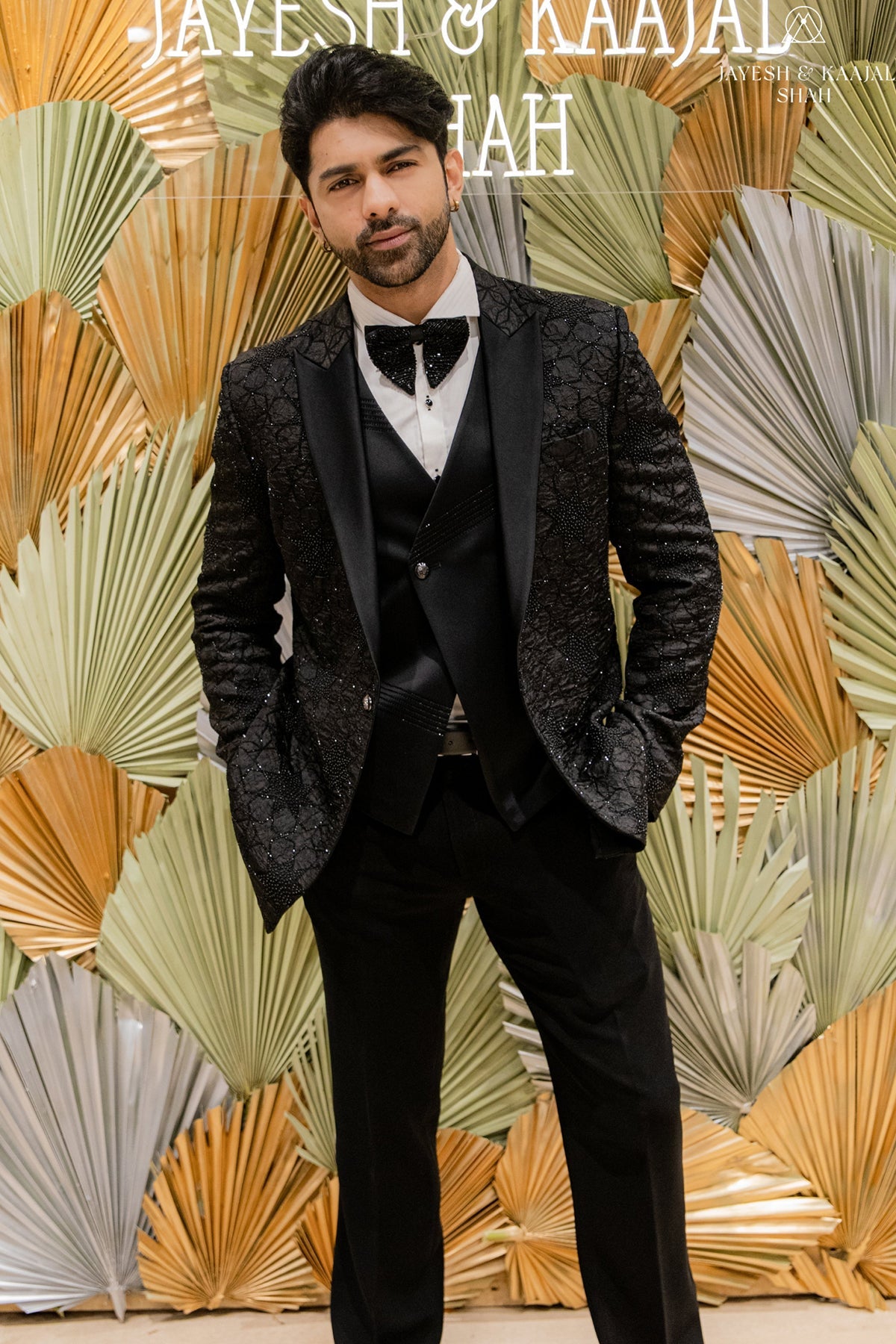 Taha Shah's Textured Tuxedo in Midnight Black - Jayesh & Kaajal Shah